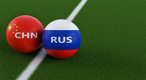 러시아 대 중국 축구 경기축구공 축구장에 Russias와 중국 국가 색상 복사 공간 오른쪽3d 렌더링 0명에 대한 스톡 사진 및