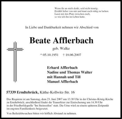 Traueranzeigen Von Beate Afflerbach Trauer In Nrw De
