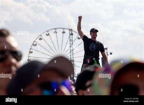 Adenau Germany 7 June 2024 Fan On Shoulders In Front Of Ferris Wheel