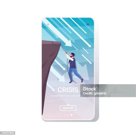 금융 위기 파산 투자 위험 개념 비즈니스 맨 아래로 떨어지는 심연 화살표에서 절벽에 등반 사업가 로프 전체 길이 스마트 폰 화면
