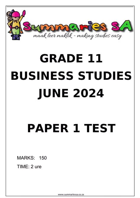 Grade 11 Business Studies Bs June Paper 1 And Memo 2024 Business