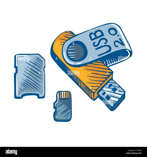 Flash Memory Usb And Card Hand Drawn Colored Sketch Illustration