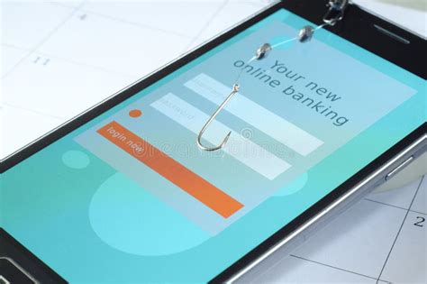 Data Phishing Hook On Smartphone Screen Showing Fictional Online Banking Phishing Website