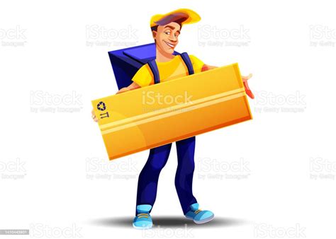 만화 스타일의 택배 택배 메일 및 전자 상거래 웹 배너의 개념 고립 된 흰색 배경에 소포가있는 택배의 만화 캐릭터 온라인 주문 인포 그래픽 웹 페이지 앱 디자인 Brand