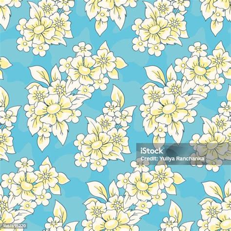 白い花を持つシームレスな花柄青の背景に花束の葉ベクトル イラストレーションのベクターアート素材や画像を多数ご用意 イラストレーション