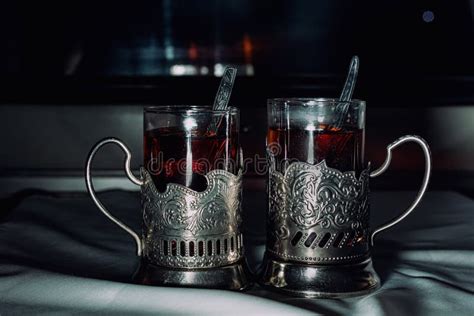 Two Glasses Of Tea In Retro Teacups On A Train Travel Concept Stock