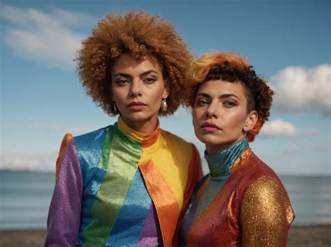Casal De Lésbicas Em Trajes De Arco íris O Amor Não Conhece Limites
