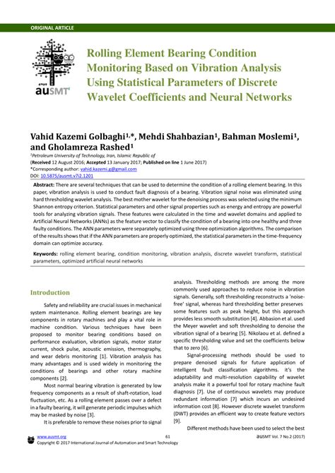 Pdf Rolling Element Bearing Condition Monitoring Based On Vibration Analysis Using Statistical