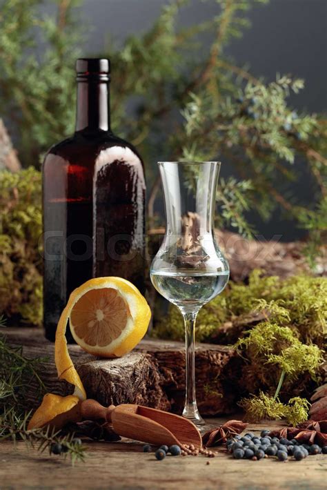 Gin In A Small Glass And An Antique Bottle Of Dark Glass Stock Image