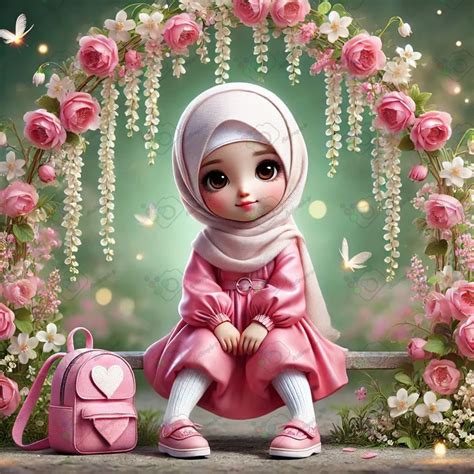 بک گراند کودکانه دختر ناز با حجاب با کوله پشتی نشسته روی تخته چوبی زیر