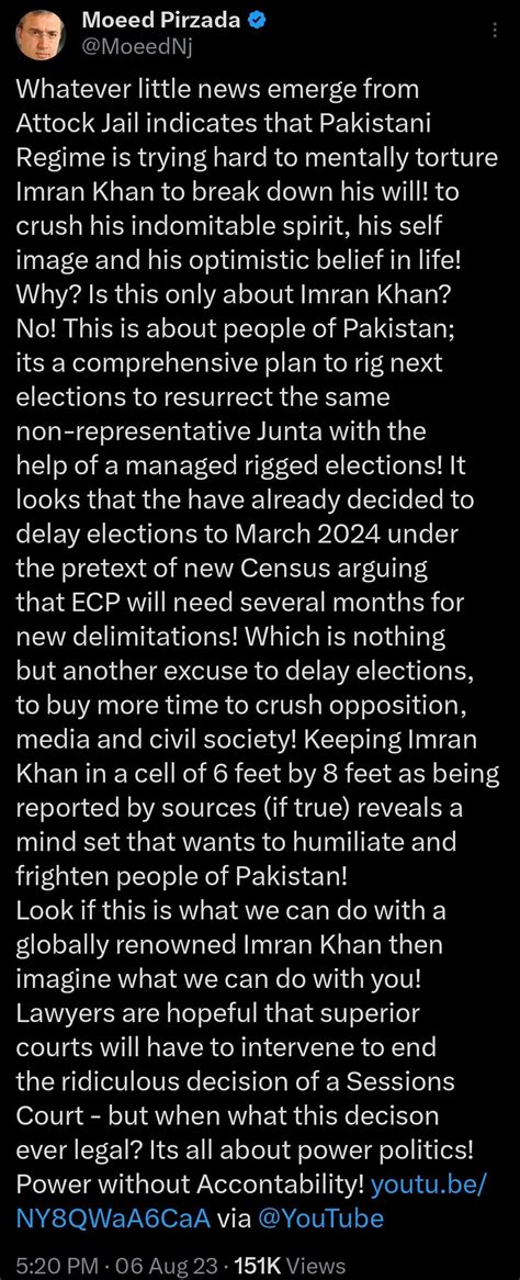Moeed Pirzada States That Reports Indicate That Imran Khan Is Being