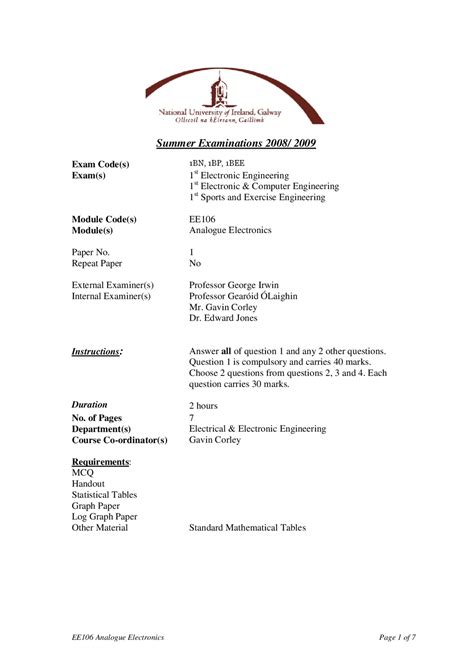 Ee106 Analog Electronics Exam Instructions And Questions For Summer Exams