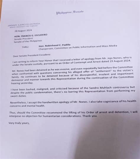 Sen Jinggoy Estrada Backs Lifting Contempt Order Against Jojo Nones