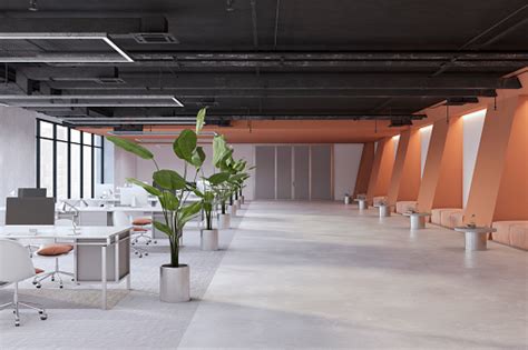 탁 트인 창문과 도시 전망 장비 및 가구를 갖춘 고급 코워킹 오피스 인테리어 3d 렌더링 0명에 대한 스톡 사진 및 기타 이미지 Istock