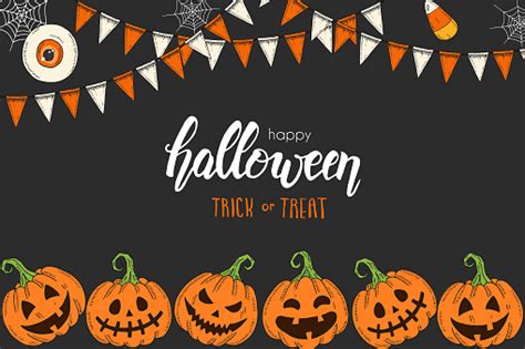 손으로 그린 컬러 호박 잭 사탕 뿌리와 축제 화환 할로윈 카드 스케치 레터링 트릭 또는 치료 할로윈 배너 전단지 브로셔 광고 10월에 대한 스톡 벡터 아트 및 기타 이미지