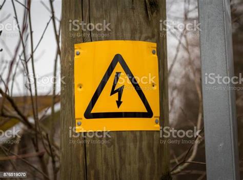 삼각형 및 배경에서 숲을 사용 하 여 리소스 외부 나무 전기 극 철 탑에 번개 볼트 죽음 표시의 노란색과 검은색 위험 0명에 대한 스톡 사진 및 기타 이미지 Istock