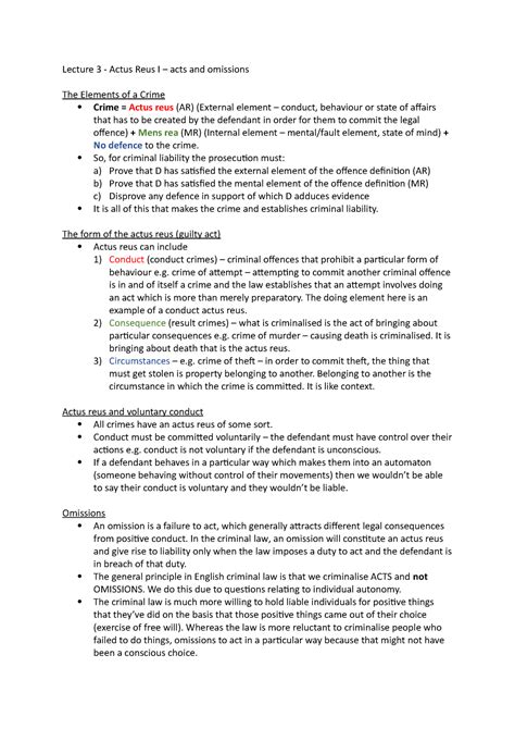 Lecture 3 Criminal Law Actus Reus Omissions Lecture 3 Actus