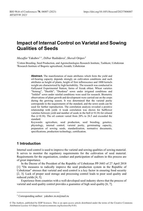 Pdf Impact Of Internal Control On Varietal And Sowing Qualities Of Seeds