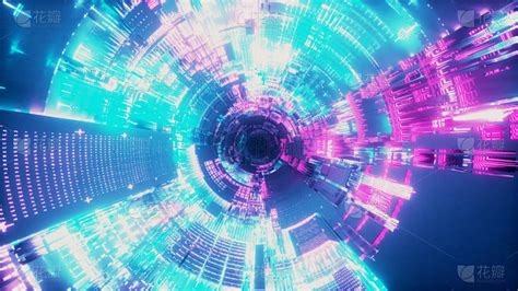 飞入宇宙飞船隧道，科幻宇宙飞船走廊。未来技术抽象无缝vj现代紫外氖光谱。运动图形为互联网，速度。三维