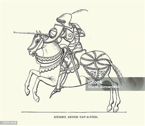 중세 역사 방패와 창으로 무장한 말을 탄 기사 머리부터 발끝까지 갑옷을 입은 기사 Capapied 빈티지 일러스트레이션 갑옷에 대한 스톡 벡터 아트 및 기타 이미지 Istock