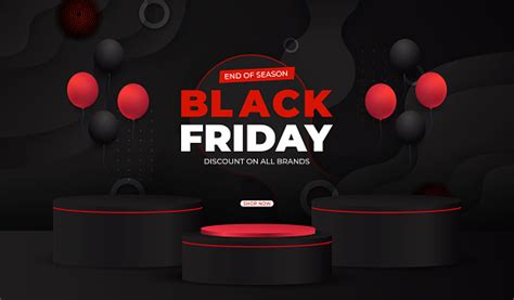 3d 현실적인 실린더 받침대 연단과 어두운 검은 색 배경에 검은 색과 빨간색 금색 풍선을 날리는 블랙 프라이데이 판매 3가지 개체에 대한 스톡 벡터 아트 및 기타 이미지
