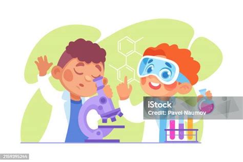 귀여운 소년 에 실험실 와 플라스크 와 현미경 행위 실험 벡터 일러스트 개념에 대한 스톡 벡터 아트 및 기타 이미지 Istock