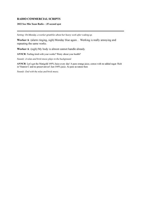 Script For Orange Juice RADIO COMMERCIAL SCRIPTS 2022 Soo Min Xuan Radio 35 Second Spot