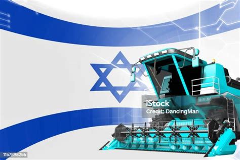 농업 혁신 개념 블루 고급 농촌 이스라엘 플래그에 수확기를 결합 디지털 산업 3d 그림 농업에 대한 스톡 사진 및 기타 이미지 Istock
