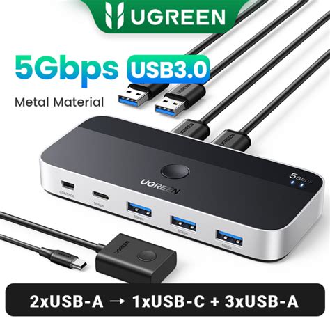 Ugreen Usb 3 0 Sharing Switch 2 Computers 1 Usb C Port 3 Usb A Port Peripheral Switcher Adapter