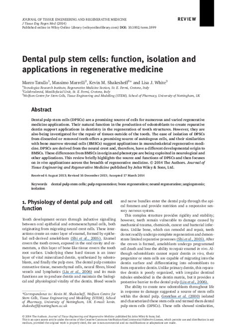 Pdf Dental Pulp Stem Cells Function Isolation And Applications In