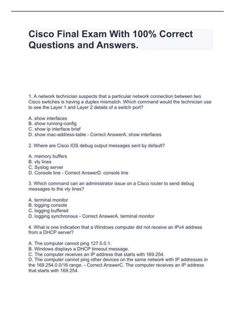Cisco Final Exam With 100 Correct Questions And Answers Cisco