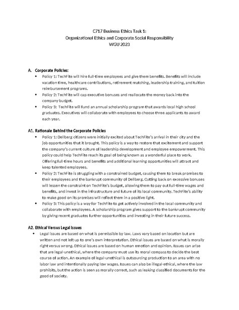 C717 Task 1 Passed C717 Business Ethics Task 1 Organizational Ethics And Corporate Social