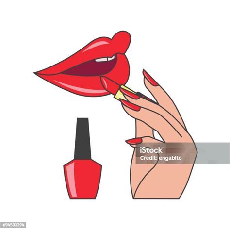 붉은 입술 그리고 매니큐어 손톱입니다 화장과 화장품 벡터 일러스트 레이 션 관능에 대한 스톡 벡터 아트 및 기타 이미지 관능