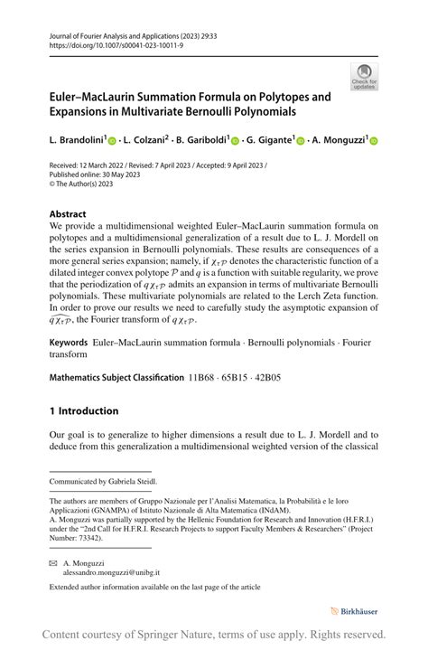 PDF EulerMacLaurin Summation Formula On Polytopes And Expansions In