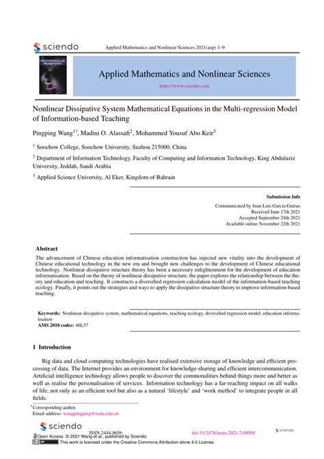 Pdf Nonlinear Dissipative System Mathematical Equations In The Multi
