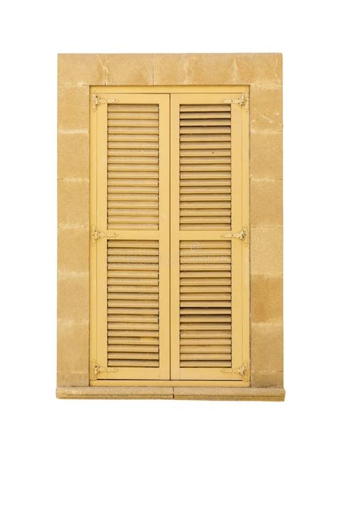 Old Wooden Window With Closed Yellow Lattice Shutters Vertical Stock