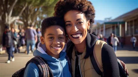 Retrato De Una Madre Con Su Hijo Colegial Concepto De Regreso A La Escuela Foto Premium