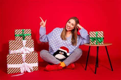 Full Body Portrait Of Nice Young Woman Direct Fingers Empty Space Ad X