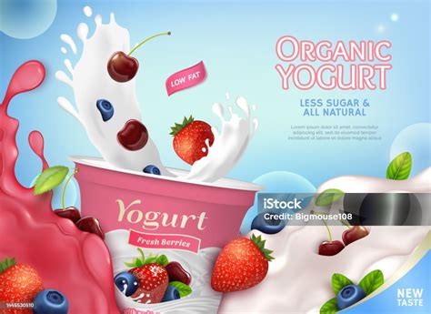 현실적인 상세한 3d 유기농 요구르트 광고 배너 개념 포스터 카드 벡터 야쿠르트에 대한 스톡 벡터 아트 및 기타 이미지 야쿠르트 라벨 딸기 Istock