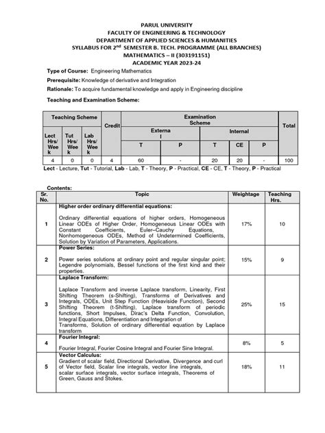 Syllabussem2btech2023 24 Pdf Integral Ordinary Differential