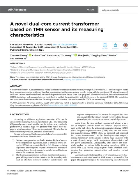 PDF A Novel Dual Core Current Transformer Based On TMR Sensor And Its Measuring Characteristics