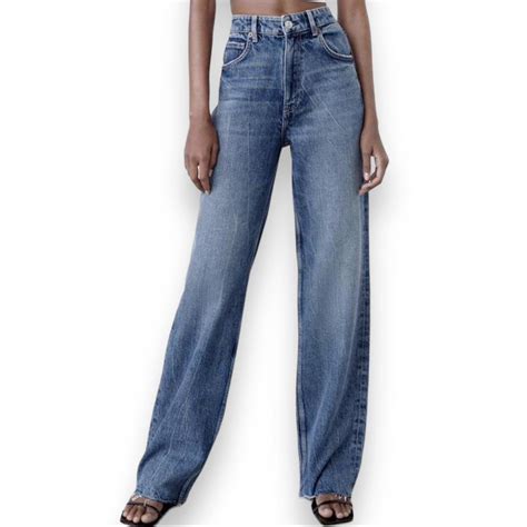 Zara High Waist Wide Leg Raw Hem New Jeans Size 36 Depop