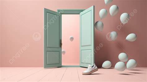 파스텔 배경에서 문 앞에 떠 있는 미니멀한 3d 장면 신발 운동화 3d 렌더링 실행 배경 배경 일러스트 및 사진 무료