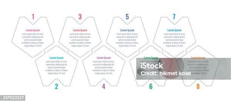 연결된 펜타곤 정보 템플릿입니다 여덟 단계 인포그래픽 템플릿 편물 비즈니스 매거진 인터넷 연간 보고서 인포 그래픽 템플릿 개념에 대한 스톡 벡터 아트 및 기타 이미지