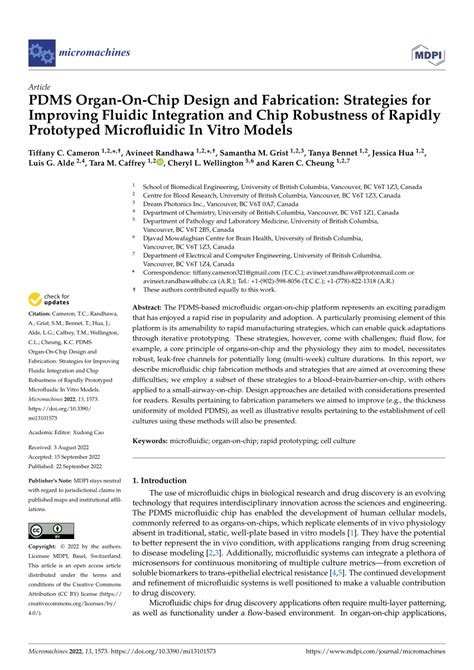 Pdf Pdms Organ On Chip Design And Fabrication Strategies For Improving Fluidic Integration