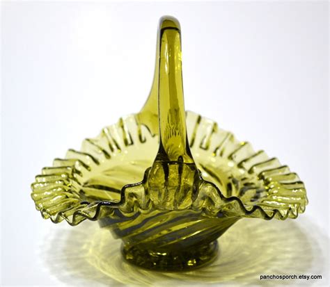 Vintage Olive Green Glass Basket With Handle Swirl Pattern Crimp Rim