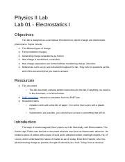 Physics II Lab Electrostatics I Docx Physics II Lab Lab Electrostatics I Objectives