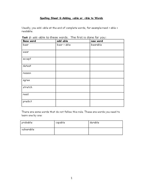 Spelling Sheet 6 Adding Able And Ible Pdf