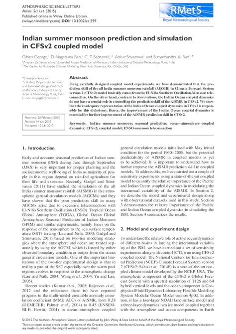 Pdf Indian Summer Monsoon Prediction And Simulationin Cfsv2 Coupled Model