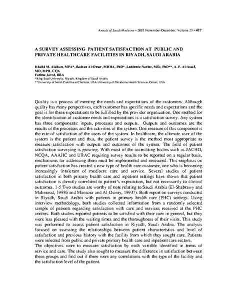 A Survey Assessing Patient Satisfaction Annals Of Saudi Medicine • 2003 November December